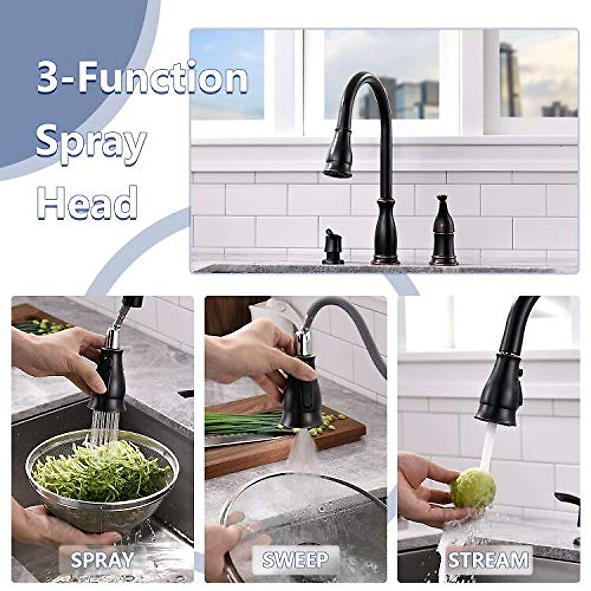 APPASO 3 Hole Kitchen Faucet with Pull Down Sprayer Oil Rubbed Bronze, 2-Hole Pull Out Kitchen Sink Faucet with Side Single Handle and Soap Dispenser, 211ORB