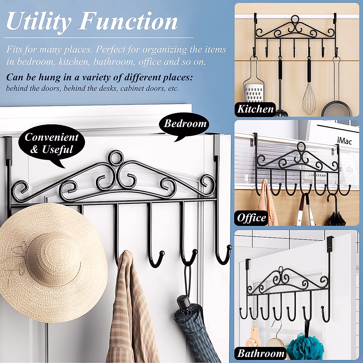 Youdepot Over The Door Hook - 7 Hook Bronze Coat Rack, Towel Hanger, Bathroom Door Hooks, Clothes Hanger, Hat Organizer, and Belt Holder. Easy to Install Door Hanger Hook.