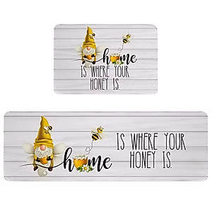 Sabolny Honey Gnomes Bee Comb Kitchen Runner Rug Mat, Bath Shower Bathtub Welcome Door Floor Mat, Farmhouse Daisy Floral Wooden Washable Indoor Outdoor Throw Entry Area Rug Doormat
