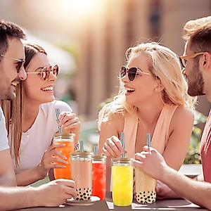 Dearwell Mason Jar Cups with Lids and Straw,Bubble Tea Cups,24 Oz ECO Reusable Wide Mouth Bamboo Lids Drinking Glasses,Glass Tumbler for Juice Coffee Milkshake Jam, Juices, Honey, Cocktail(Set of 6)