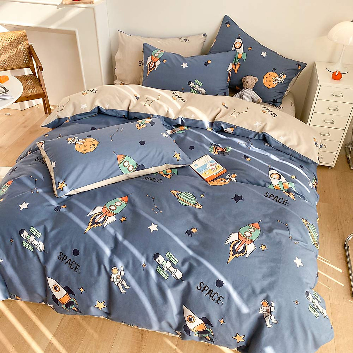 BlueBlue Astronaut Duvet Cover Set Twin 100% Cotton Bedding for Kids Boys Girls Teens Space Galaxy Rocket Star Constellation on Navy Blue 1 Cartoon Comforter Cover Zipper Ties 2 Pillowcases Twin