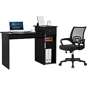 Yaheetech Home Office Modern Desk and Chair Set Computer Desk w/Drawer & Shelves with Ergonomic Mesh Height Adjustable Office Chair