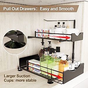 Oppro 2 Tier Under Sink Organizers and Storage Pull Out Cabinet Organizer, Upgrade 3 Height Adjustments with Sliding Metal Drawers, Multi-Use Shelf with rotating rack for Kitchen Bathroom Laundry