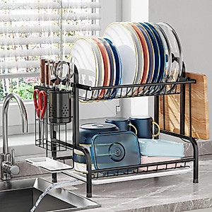 iSPECLE Dish Drying Rack, 304 Stainless Steel 2-Tier Dish Rack with Utensil Holder, Cutting Board Holder and Dish Drainer for Kitchen Counter