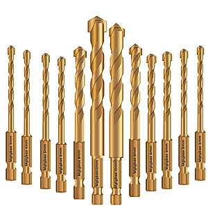 12PC Golden Concrete Drill Bit Set, Mgtgbao Masonry Drill Bits for Tile,Brick, Plastic and Wood Best for Wall Mirror and Ceramic Tile on Concrete and Brick Wall (3/16-1/2")