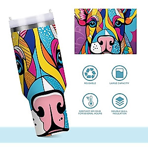Dog Head Abstract Tumbler with Handle and Straw 30-40 Lid Cup Holder Compatible for Travel Insulated Stainless Steel Cup Food Grade PP Gifts for Him Her BPA-free