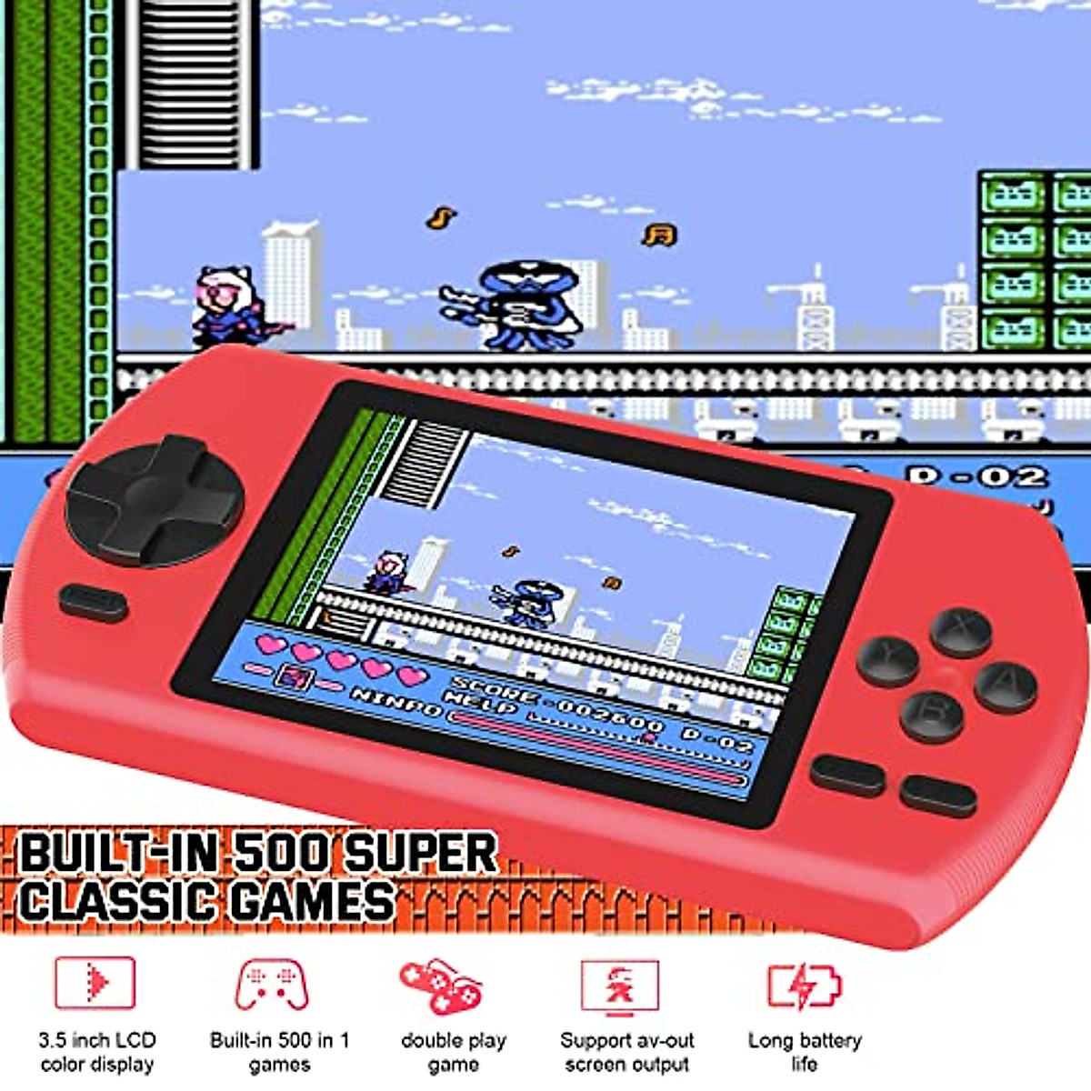 JAMSWALL Handheld Game Console, 500 Classical FC Games 3.5-Inch Screen 1020mAh Rechargeable Battery Portable Retro Video Game Console Support for Connecting TV and Two Players (Red)
