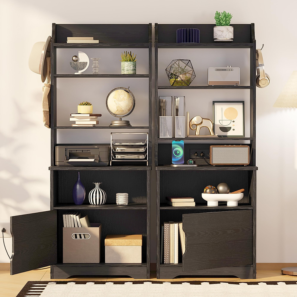 LIKIMIO Nightstand, 55" Tall End Side Table with Charging Station and Storage Cabinet, Small Bookshelf, for Living Room Office Bedroom, Vintage Black