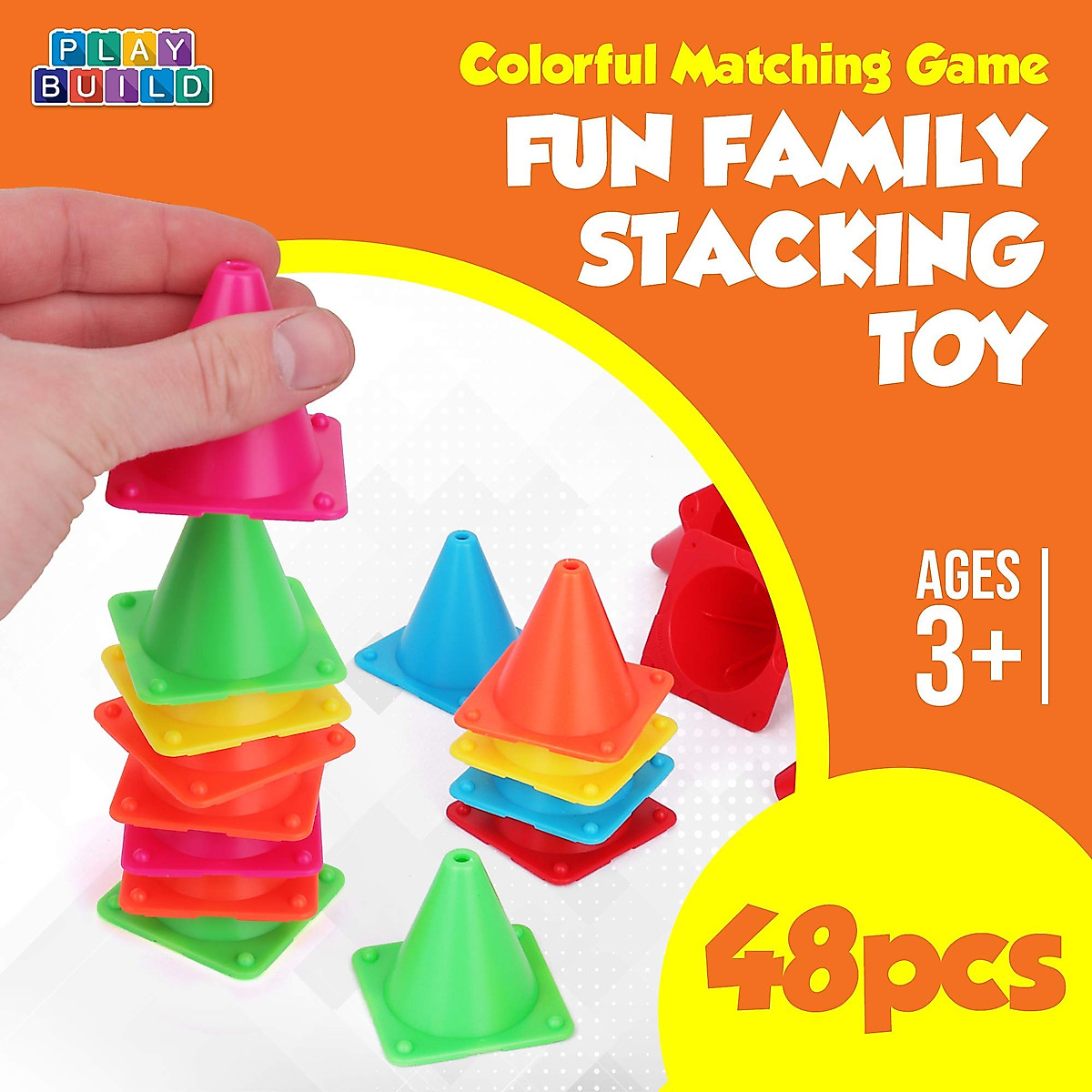 Play Build ConestaX Stacking Game - 48 Pcs Cones Balancing Stacking Toy - Fun STEM/STEAM Activity Games for Toddler - Educational Cone Stack Toys with Plastic Storage Container