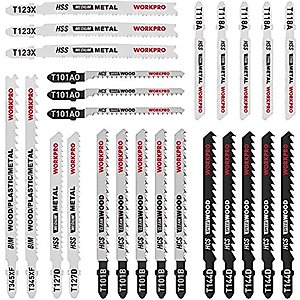 WORKPRO 25-Piece T-Shank Jig Saw Blade Set with Storage Case, Made with HCS/HSS/BIM, Assorted Blades for Wood, Plastic and Metal Cutting