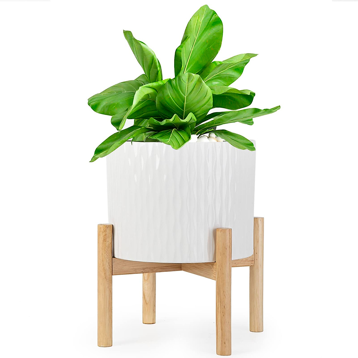 LaDoVita Ceramic Plant Pot with Stand, 8 Inch Planter with Wood Shelf, Modern Round Flower Pots Indoor with Wood Planter Holder, White Water Ripple Pattern