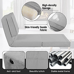 COSTWAY Convertible Flip Chair, 5-Position Adjustable Triple Fold Down Sofa Bed, Steel Frame, Soft Suede Fabric, Upholstered Floor Sleeper Dorm Game Bed for Living Room, Bedroom, Guest Room (Grey)
