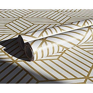 Gold and White Geometric Wallpaper Peel and Stick Wallpaper Hexagon Removable Self Adhesive Wallpaper Gold Stripes Geometric Paper Vinyl Film Decorative Shelf Drawer Liner Roll Waterproof 17.7”×118”