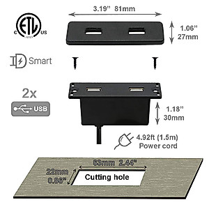 Powered USB Hub Socket Recessed USB Power Outlet Power Gromment 2 USB 2.1A Mounted into Bed Desk Table
