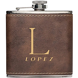 Personalized Flask For Wedding Gift. Customized Flask Gift Set. Engraved Leatherette Flask With Optional Gift Box For Groomsmen Gifts. Engraved Flask (Rustic & Gold)