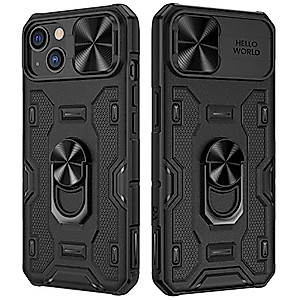 VEGO for iPhone 14 Plus Case, iPhone 14 Plus Kickstand Case with Slide Camera Cover Built-in 360° Rotate Ring Stand Magnetic Shockproof Phone Cover Case for iPhone 14 Plus 6.7 inches 2022 - Black
