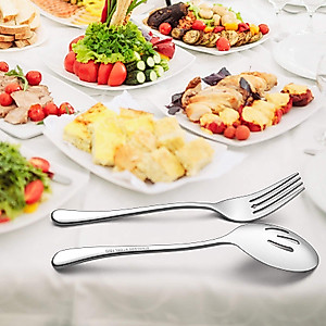 LIANYU Large Serving Spoons and Forks Set of 12, Stainless Steel Buffet Catering Dinner Party Slotted Serving Spoon Fork, 9.8 Inch, Mirror Finished, Dishwasher Safe