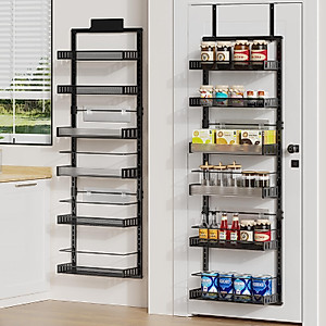 POKIPO 6-Tier Over the Door Pantry Organizer, 2 in 1 Large Door Spice Rack with Adjustable Metal Baskets, Heavy Duty Hanging or Wall Mounted Storage Organizer for Kitchen Pantry and Room Wall