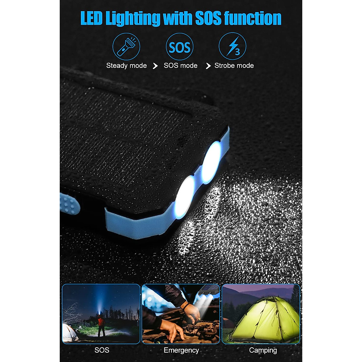 Power-Bank-Portable-Solar-Charger-30000mAh Battery Pack with Emergency LED Flashlight & 2x2.1A USB-A Output Ports Compatible with iPhone 14/13 Series, Samsung, and More, Perfect for Hiking, Camping