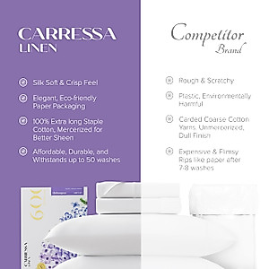 Carressa Linen Luxury Egyptian Cotton 4 PC Queen Size Sheet Set - 600 Thread Count Deep Pocket Fitted and Flat Sheets, Soft, Cooling Extra Long Staple Hotel-Quality Bedding with Sateen Weave - White