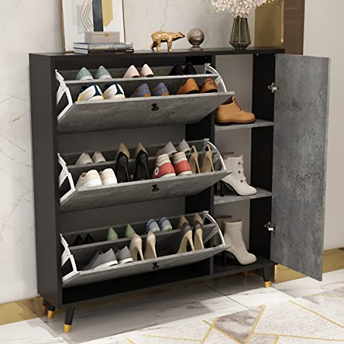 FUFU&GAGA Shoe Cabinet with 3 Flip Drawers & 1 Door for Entryway, Modern Shoe Storage Cabinet, Freestanding Shoe Rack Storage Organizer (Black/Grey, 47.2“W x 9.4" D x 47.2" H)