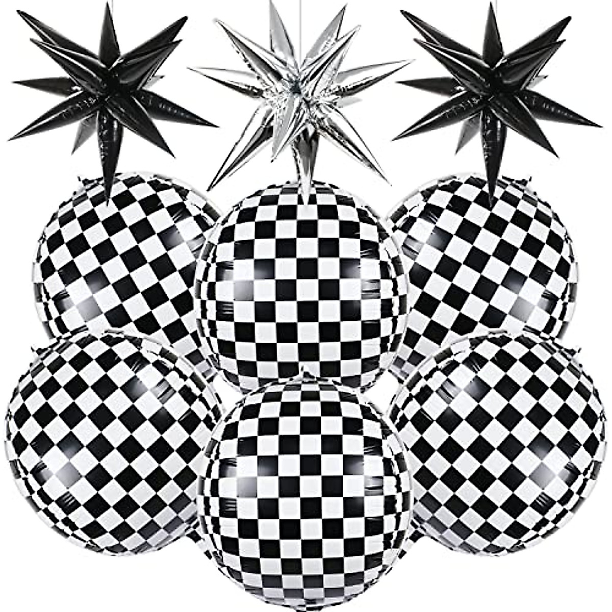 6 Pcs Race Car Checkered Balloons 3 Pcs Explosion Pointed Star Foil Balloons for Racing Party Decorations, 22'' Jumbo Sphere 4D Black and White Checkered Flag Mylar Balloons for Birthday Party