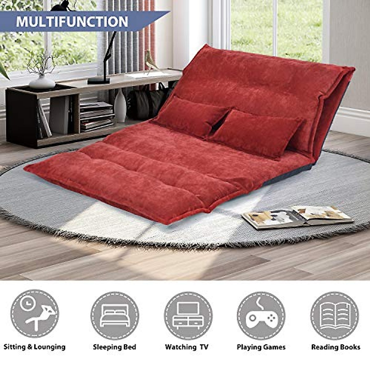 SYING88 Lazy Floor Sofa Adjustable Folding Futon Sofa Video Gaming Sofa with Two Pillows，Sleeper Bed Couch for Adults，for Bedroom Living Room Reading Gaming Small Spaces Apartment (Red)