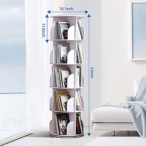 Rotating Bookshelf Tower, 360 Display Spinning Bookshelf, PVC Narrow Book Shelf Organizer, Corner Floor Standing Bookcase for Bedroom, Living Room, Study Room, Small Space (5 Tier)