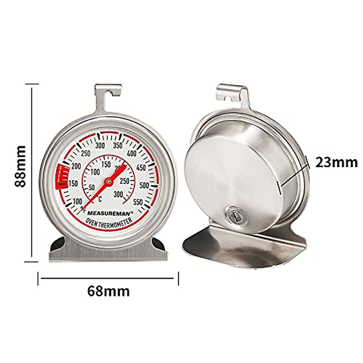 MEASUREMAN Oven Thermometer 70mm Dial Size, Heavy Duty 304 Stainless Steel Case and Fringe, with Hook, 100-550F/C, 2.5% Accuracy, Blow-Out at Back