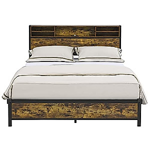 Alohappy Full Size Bed Frame with Led Bookcase Headboard and Charging Station，Metal Platform Bed Frame with RGB Light Strips, Sturdy and No Noise Easy Installation No Box Spring Needed