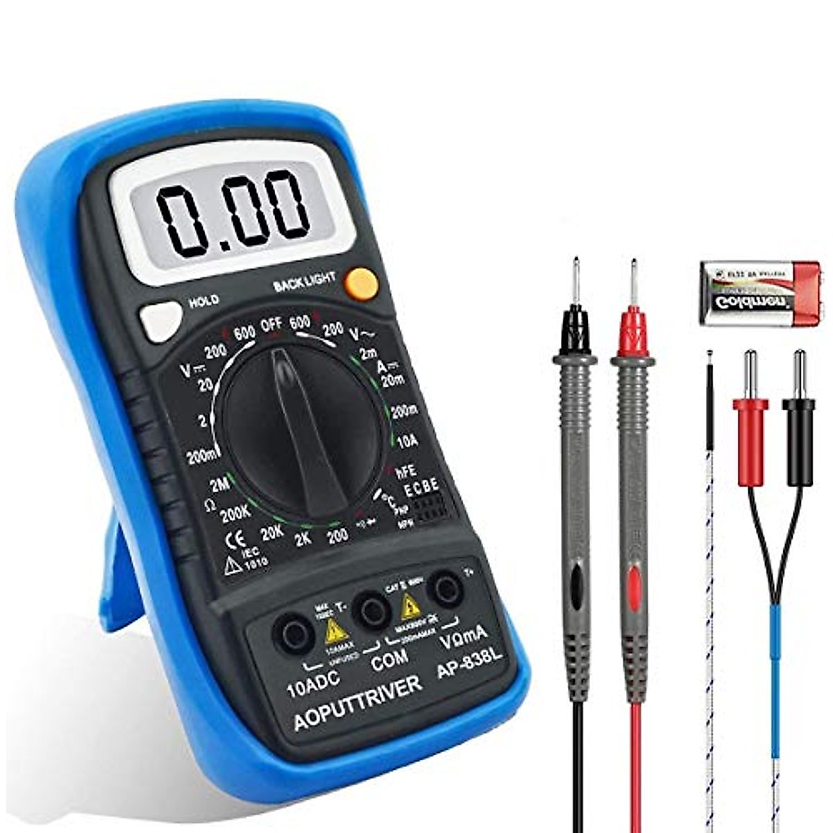 Digital Multimeter AP-838L Manual Range AC DC Amp Multimeter, Electric Tester Ohmmeter with Diode and Continuity Detector, Backlit Display and Insulated Rubber