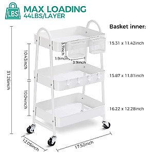 KINGRACK 3-Tier Rolling Cart, Metal Rolling Storage Cart with Handle and Lockable Wheels, 2 Hanging Baskets & 4 Hooks, Utility Cart for Kitchen, Bathroom, Office, White