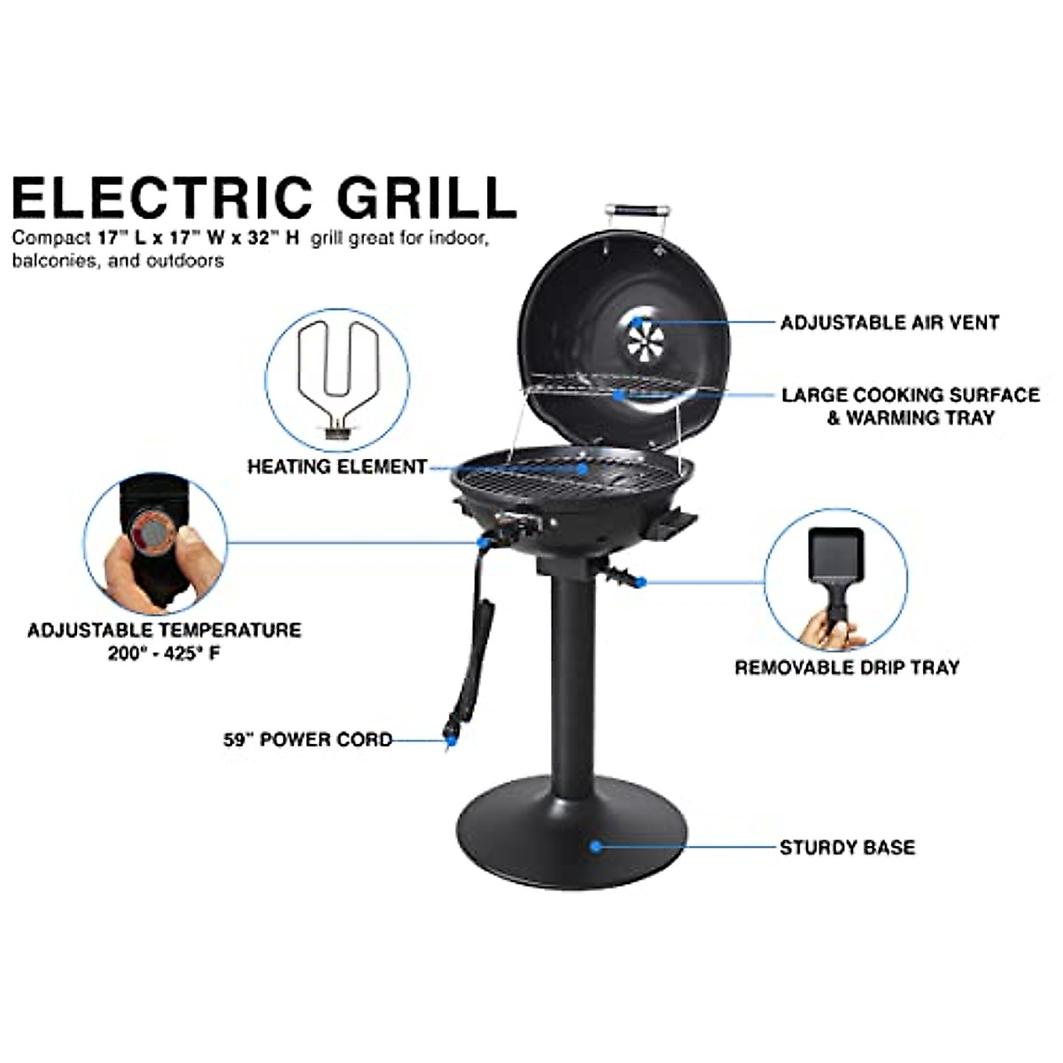 Homewell Electric BBQ Grill for Indoor & Outdoor Grilling with Warming Rack - Portable Patio Grill 1600 Watts (Black)