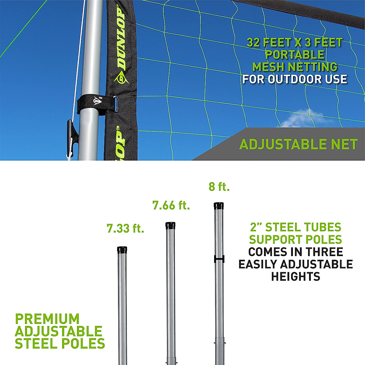 Dunlop 32-ft Outdoor Sports Volleyball Net System with Official Size Volleyball and Carrying Bag