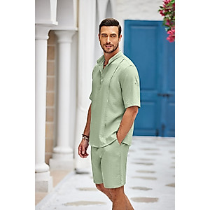 COOFANDY Linen Sets For Men 2 Pieces Henley Shirt Short Sleeve and Shorts With Pockets Sets Beach Yoga Matching Outfits
