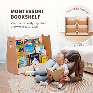 OOOK Solid Wood Pine Montessori Bookshelf, 4 Tier Nursery Book Shelves, Kids Bookshelf for Classroom, Durable Book Shelf for Kids Rooms, Perfect for Playroom, Bedroom, Study Living Room, Nursery