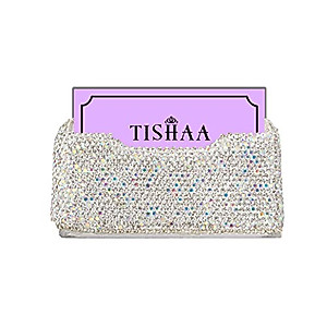 TISHAA Business Card Holder Stand - Bling Name Cards Office Desk Desktop Table Top Organizer Luxury Display Pocket Case Accessories White Crystal Rhinestone Glitter