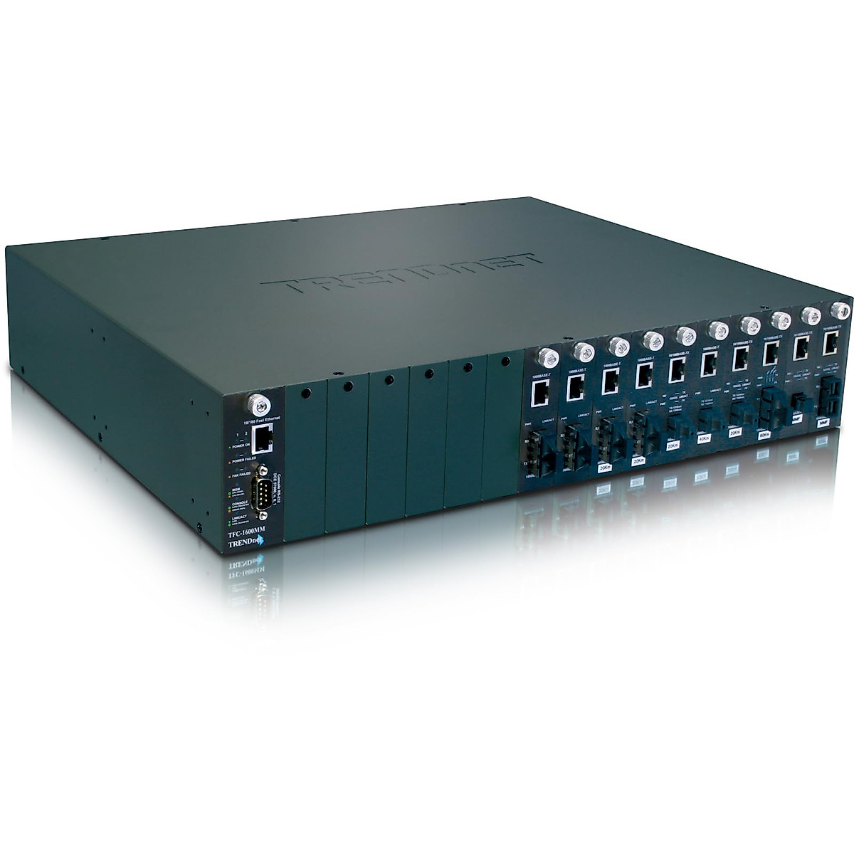 TRENDnet 16-Bay Fiber Converter Chassis System, Hot Swappable, Housing for up to 16 TFC Series Media Converters, Fast Ethernet RJ45, RS-232, SNMP Management Module, Lifetime Protection, TFC-1600