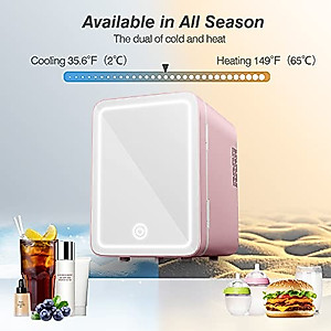 Easy-Take Skincare Fridge - Mini Fridge with Dimmable LED Mirror (4 Liter/6 Can), Cooler and Warmer, for Refrigerating Makeup, Skincare and Food, Mini Fridge for Bedroom, Office and Car, Pink