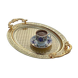 BAYKUL Turkish Ottoman Coffee Tea Beverage Gold Serving Oval Tray, Luxury Metal Chrom Moroccan Decorative Breakfast Dinner Table, Ottoman Trays Extra Large (Gold)
