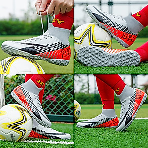 WINGFAI Men's Soccer Shoes Cleats Professional High-Top Breathable Athletic Football Shoes Outdoor/Indoor Professional Futsal Football Training Sneakers Silver 4 US