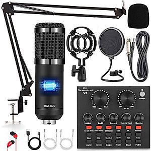 Podcast Equipment Bundle, Audio Interface with Voice Changer and BM800 Condenser Microphone, Recording Studio Package Perfect for Recording, Broadcasting, Live Streaming, YouTube, TikTok (BM800-V8B)