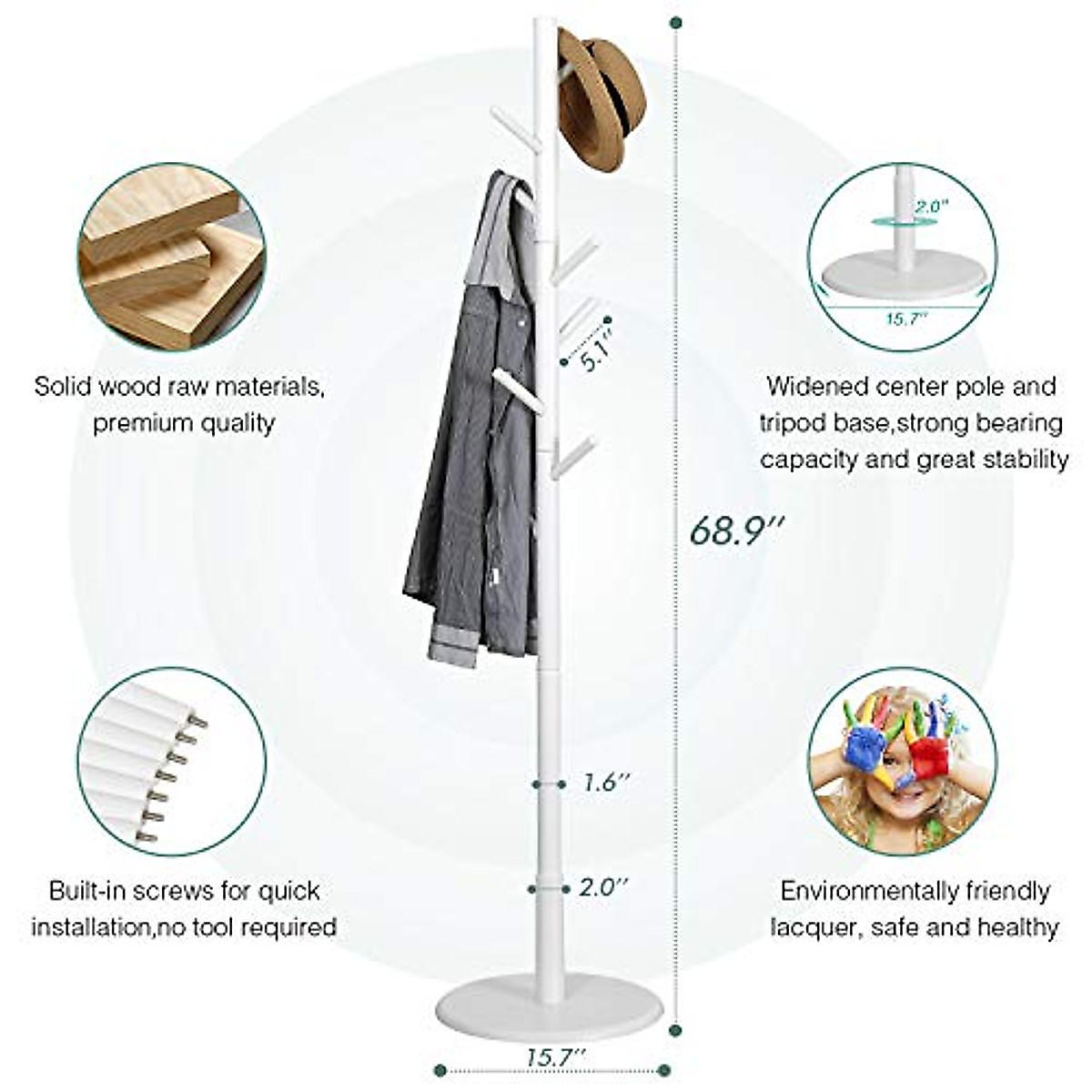 Vlush Wooden Coat Rack Free Standing, Coat Hat Tree Coat Hanger Holder Stand with Round Base for Clothes,Scarves,Handbags,Umbrella-(8 Hooks, Ivory White)