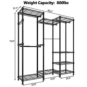 Karl home 4 Tiers Wire Garment Rack Heavy Duty Clothes Rack, Portable Closet Organizers Storage Clothing Wardrobe Freestanding Adjustable Shelves with 4 Rods Hooks, Metal Load 800LBS 68.5x15.7x70.8