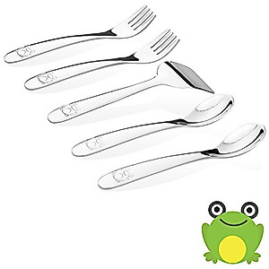 Kiddobloom Baby Stainless Steel Utensil Set, Frog Model, High Grade Stainless #304 (18/8) 5pc Set (2 Baby Spoons, 2 Baby Safe Forks, 1 Baby Butter Spreader). Elegant Baby Keepsake