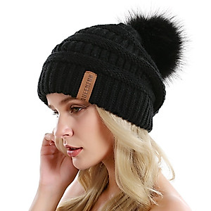 QUEENFUR Women Knit Slouchy Beanie Chunky Baggy Hat with Faux Fur Pompom Winter Soft Warm Ski Cap