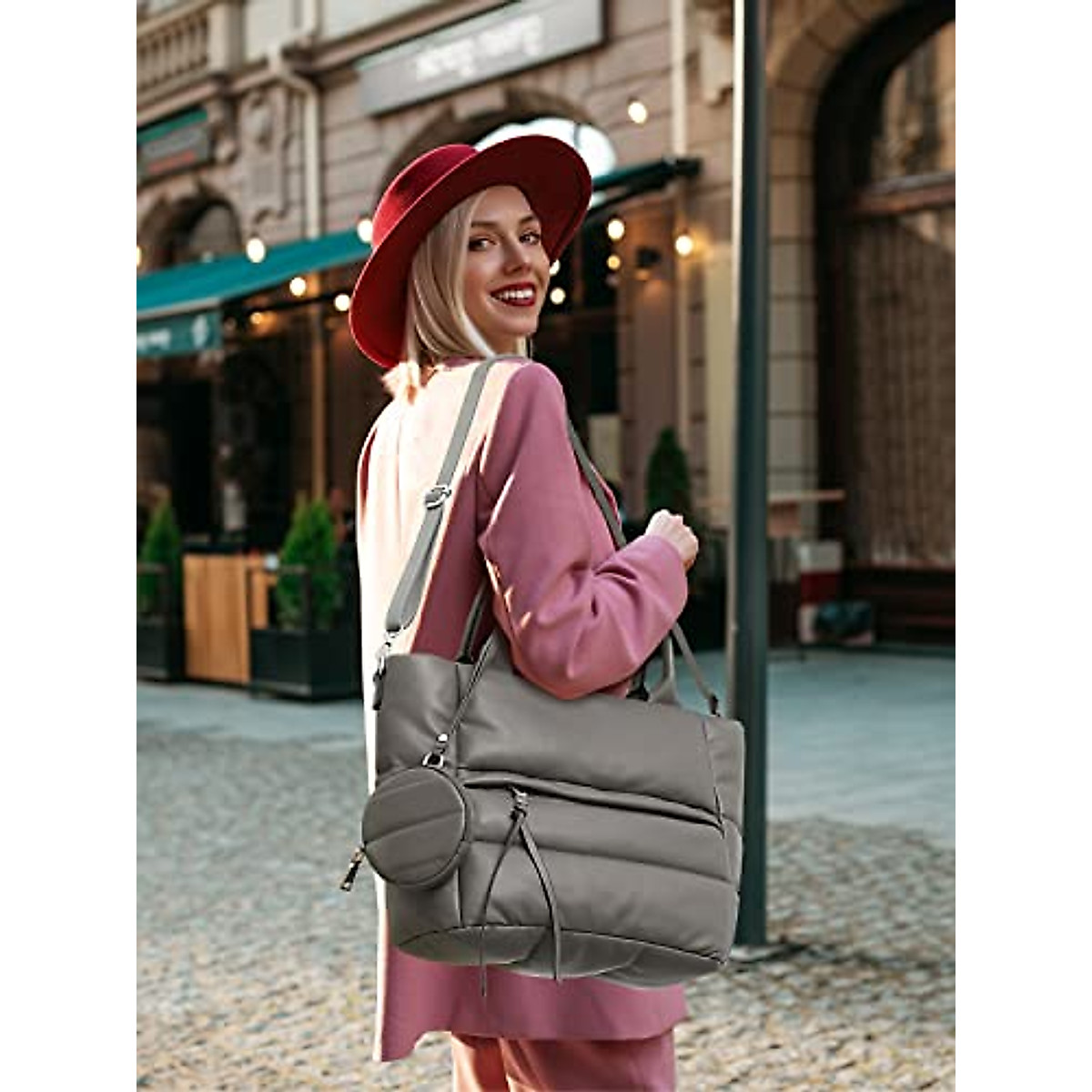 MYHOZEE Puffer Tote Bag, Large Padding Tote Handbags for Women Waterproof Quilted Crossbody Bags Gray