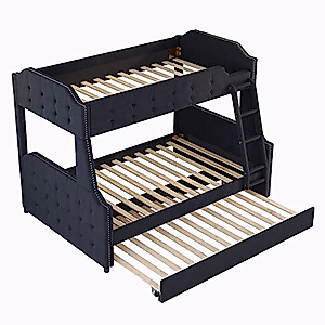 DEYOBED Twin Over Full Velvet Upholstered Bunk Bed with Trundle and Ladder, Tufted Button Design Wooden Bed Frame for Kids Teens Bedroom, Space Saving, Black