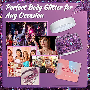 Boko 1.76oz Body Glitter Gel, Holographic Purple Liquid Chunky Glitter Lotion Mermaid Sequins for Face Hair and Body Makeup, Festival Clothing, Rave Accessories and Costume - Amethyst Orchid
