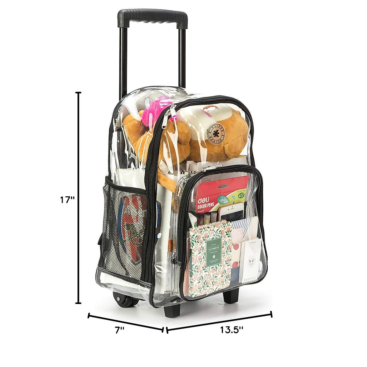 K-Cliffs Rolling Clear Backpack Heavy Duty Bookbag Quality See Through Workbag Travel Daypack Transparent School Book Bags with Wheels Black